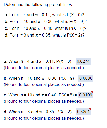 Solved Determine the following probabilities. a. For n=4 and | Chegg.com