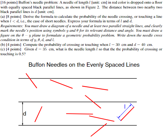 Solved [16 ﻿points] ﻿Buffon's needle problem: A needle of | Chegg.com