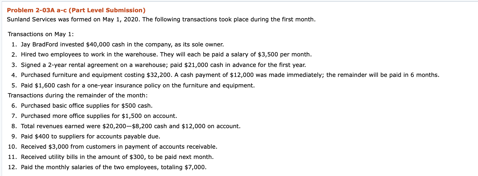 Solved Problem 2-03A a-c (Part Level Submission) Sunland | Chegg.com