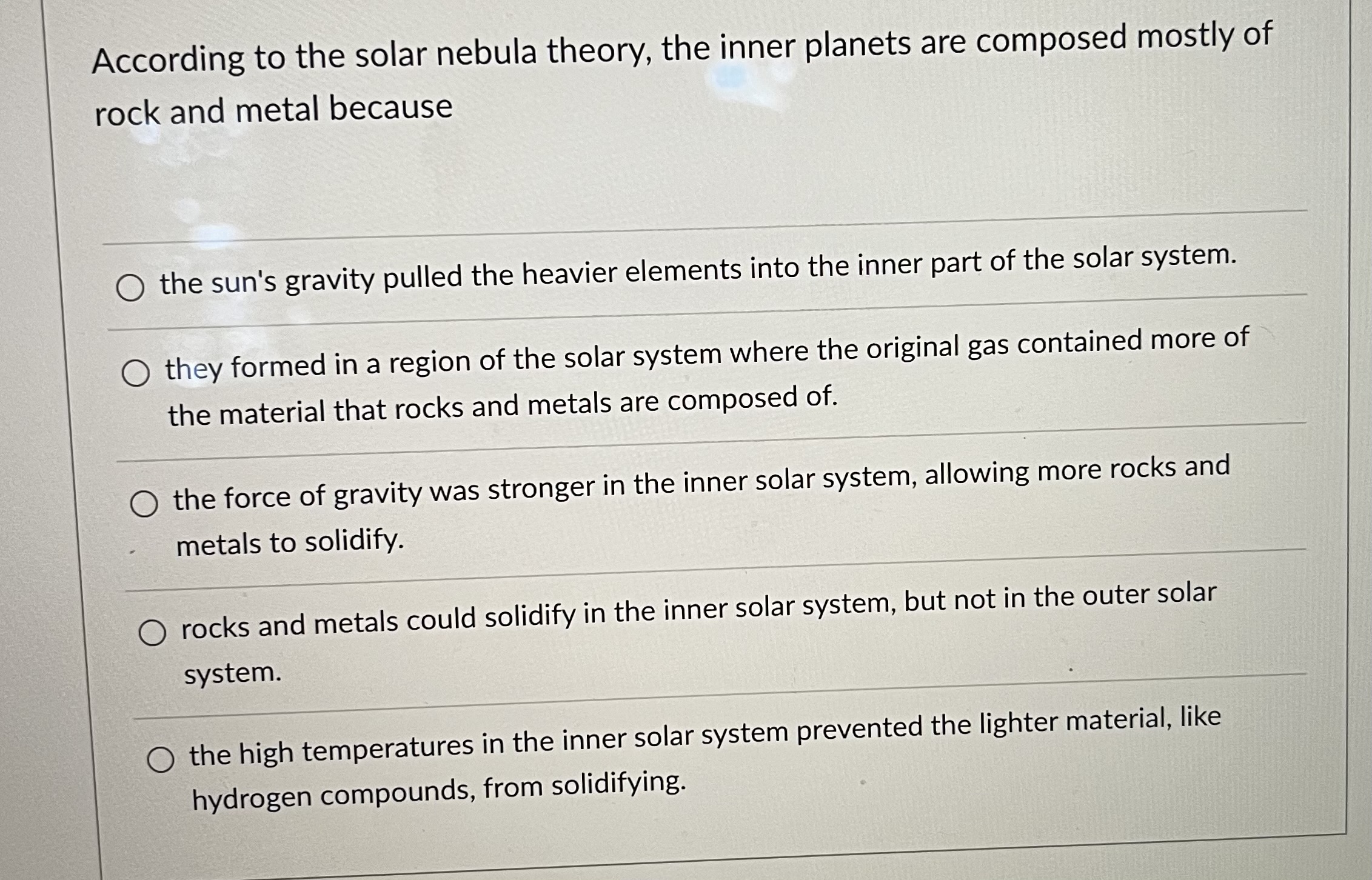 Solved According To The Solar Nebula Theory The Inner