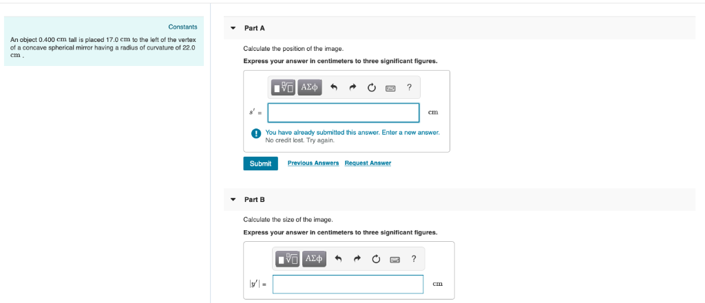 Solved Part A Constants An object 0.400 cm tall is placed | Chegg.com
