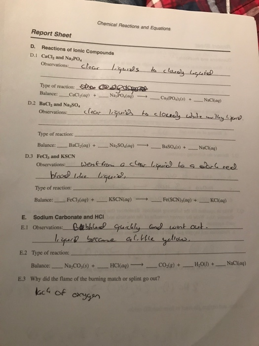 Solved Chemical Reactions and Equations Report Sheet D. | Chegg.com