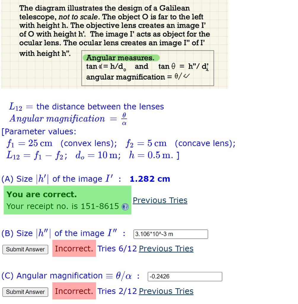 Solved The Galilean Telescope objective lens ocular lens V h | Chegg.com