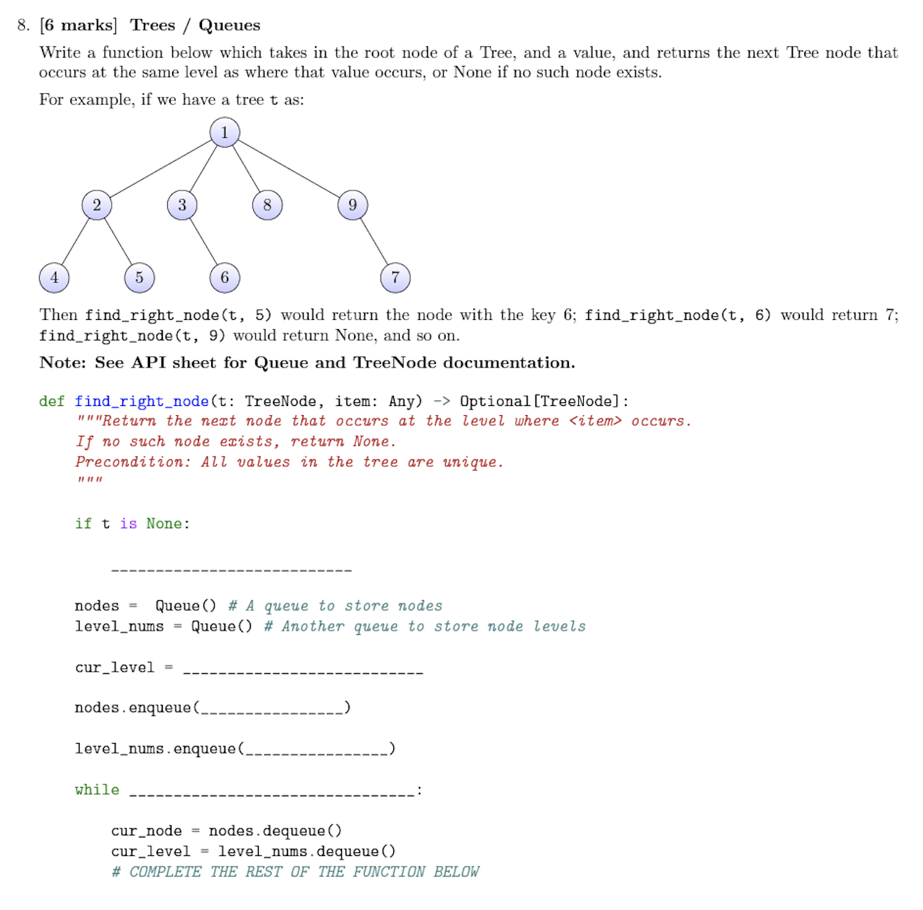 Solved [6 marks] Trees / Queues Write a function below which | Chegg.com