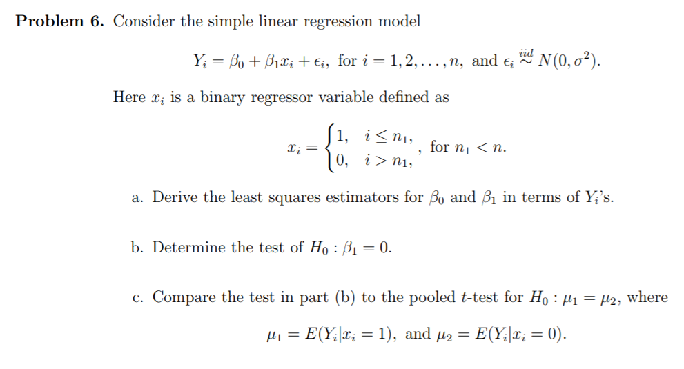 Problem 6. Consider the simple linear regression | Chegg.com