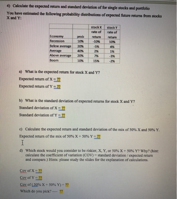 Solved 4 Calculate The Expected Return And Standard 9773