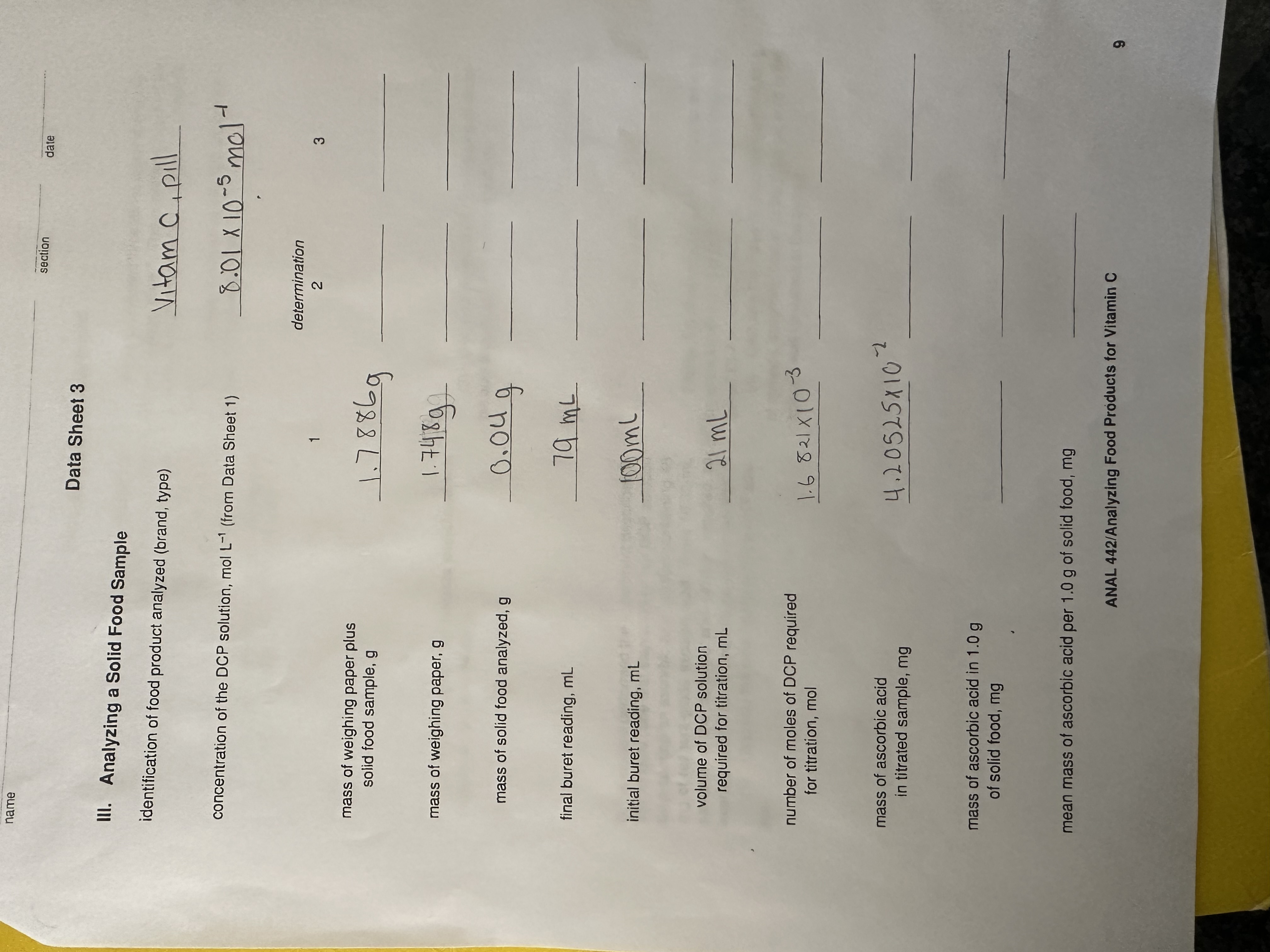 Solved Data Sheet 3III. Analyzing a Solid Food | Chegg.com