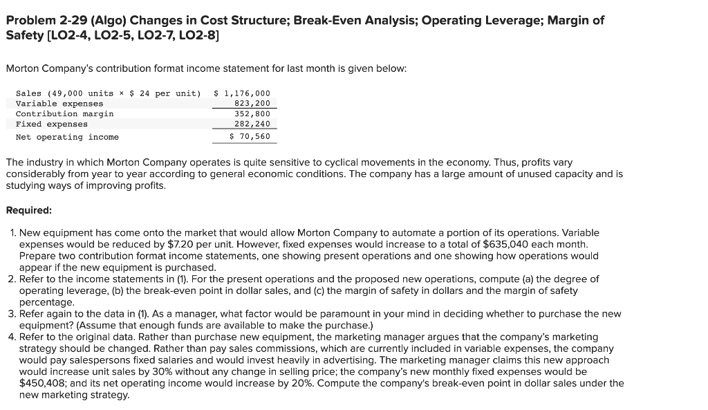 Solved Problem 2-29 (Algo) Changes in Cost Structure; | Chegg.com