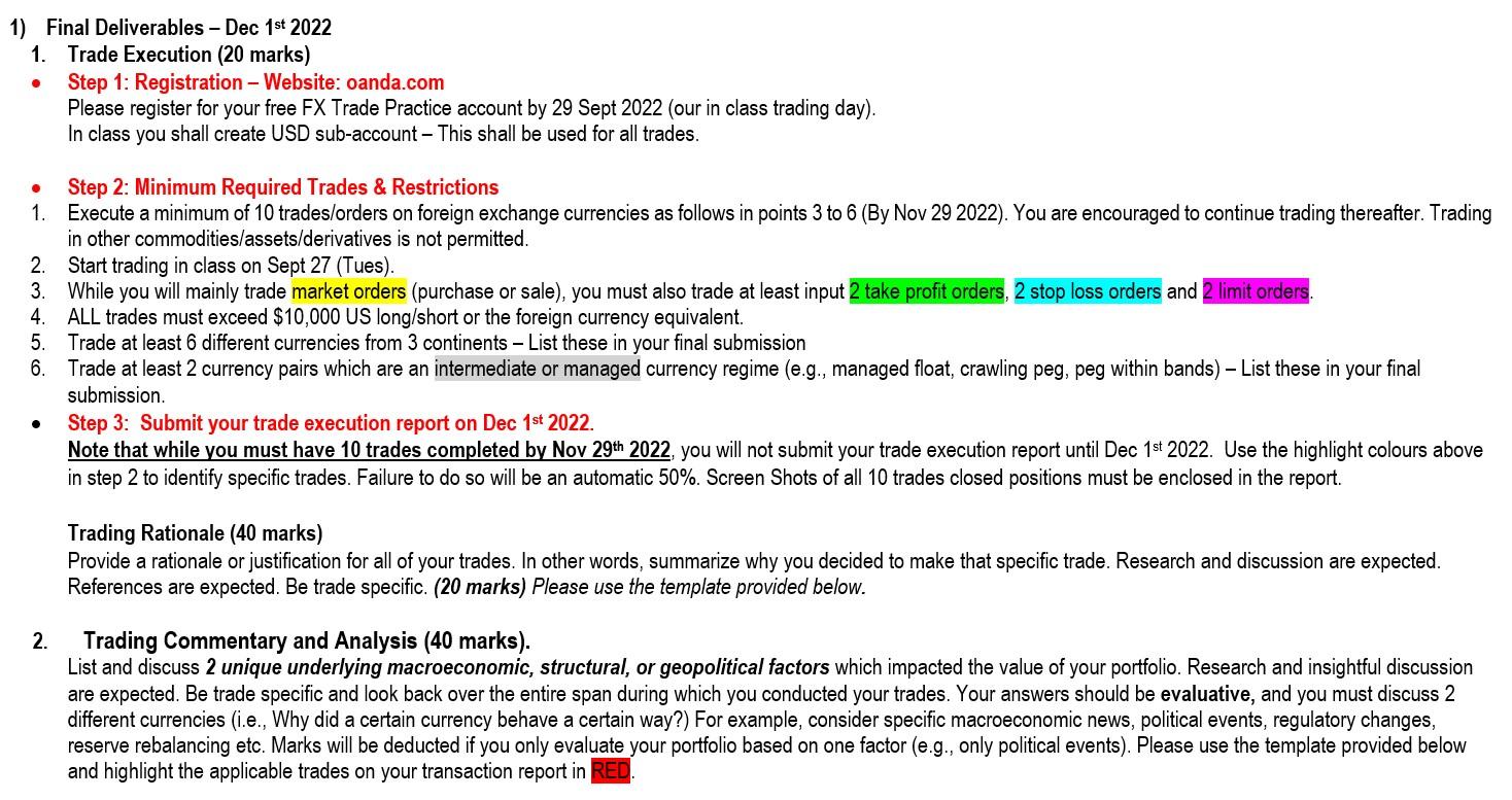 Final Deliverables - Dec 1st 2022 1. Trade Execution | Chegg.com