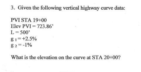 Solved 3. Given the following vertical highway curve data: | Chegg.com