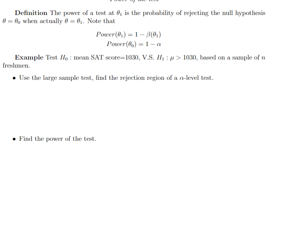 Solved 1 UWL0 LLL LLL Definition The power of a test at @ is | Chegg.com