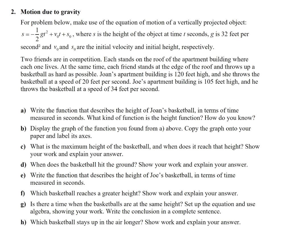 Solved S=- > 2. Motion due to gravity For problem below, | Chegg.com