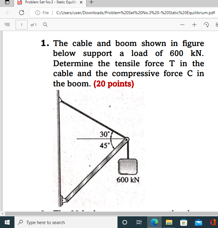 Solved The cable and boom shown in figure below support a | Chegg.com