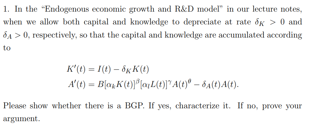 Solved 1. In the "Endogenous economic growth and R\&D model" | Chegg.com