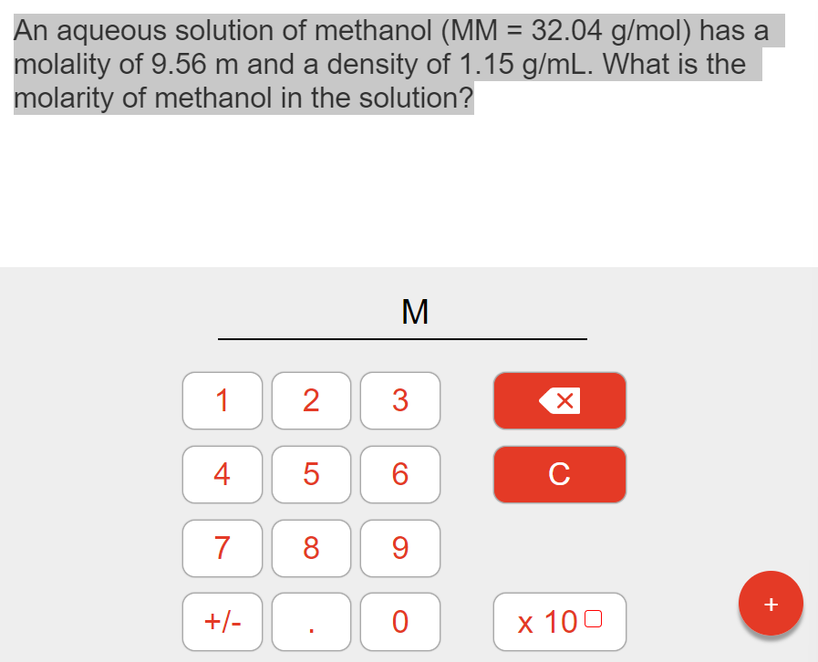 Solved An aqueous solution of methanol (MM=32.04 g/mol) has | Chegg.com