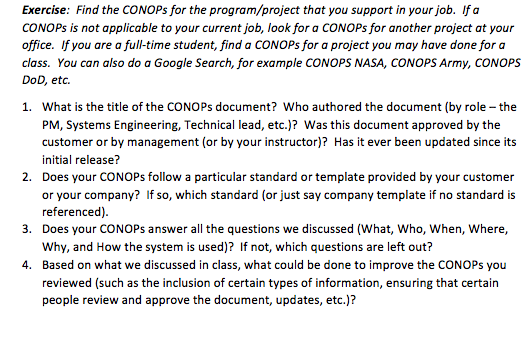 Solved Exercise: Find the CONOPS for the program/project | Chegg.com