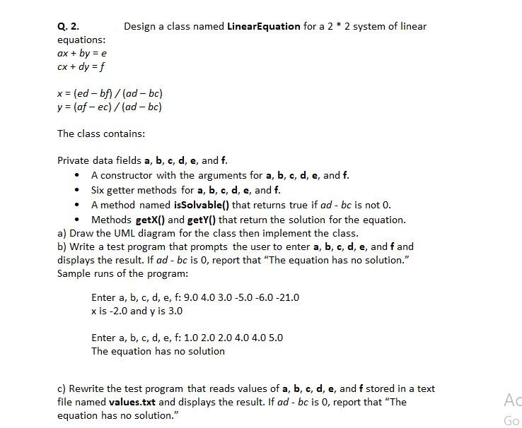 Solved Design a class named LinearEquation for a 2*2 system | Chegg.com