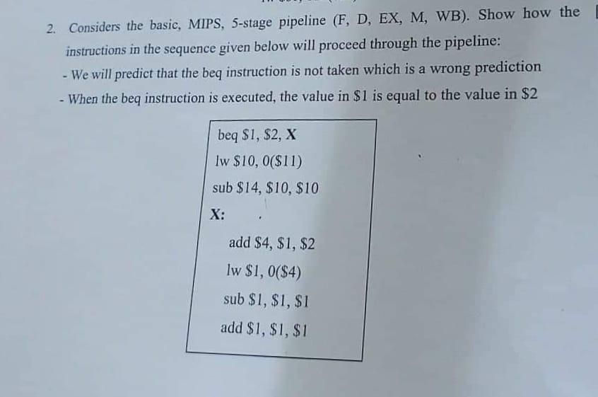 Solved 2. Considers the basic, MIPS, 5-stage pipeline (F, D, | Chegg.com