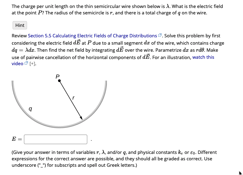 Solved The charge per unit length on the thin semicircular | Chegg.com
