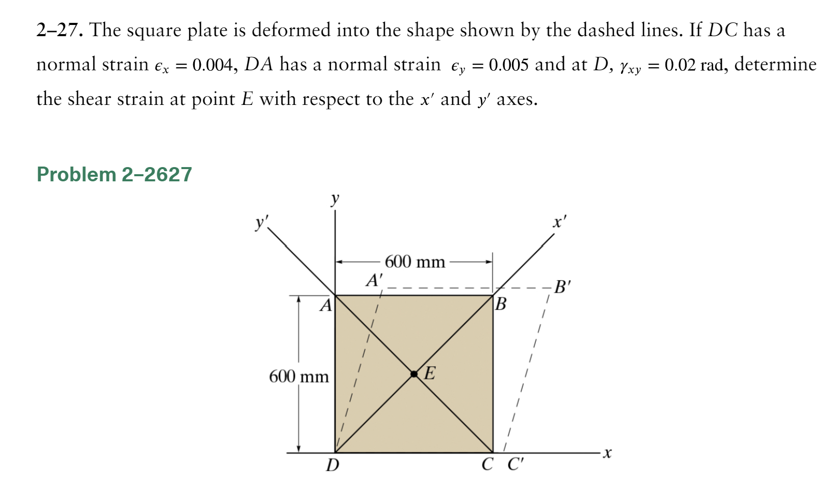 Solved 2-27. ﻿The square plate is deformed into the shape | Chegg.com