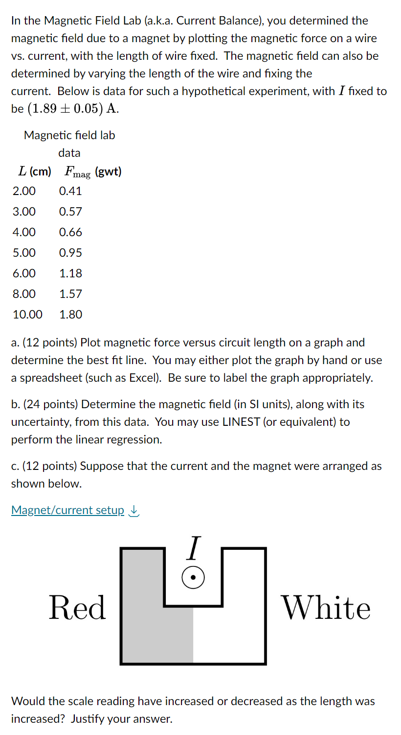 Solved In the Magnetic Field Lab (a.k.a. Current Balance), | Chegg.com