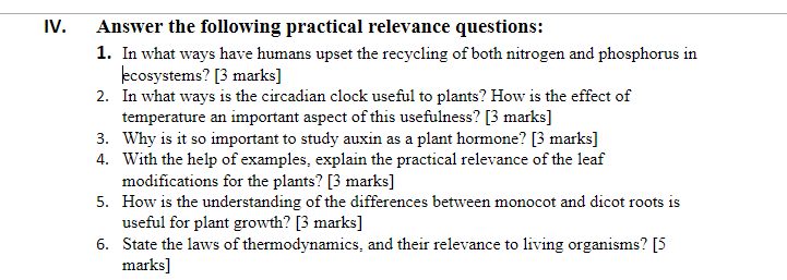 Solved IV. Answer the following practical relevance | Chegg.com