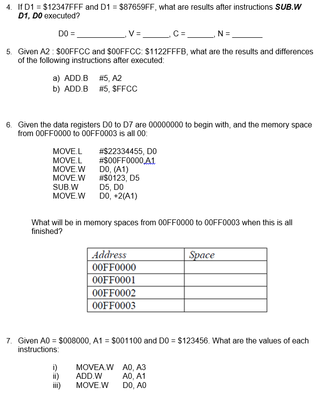 Solved 4. If D1 $12347FFF and D1 $87659FF, what are results | Chegg.com