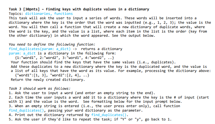 Solved Task 3 [30pnts] - Finding keys with duplicate values | Chegg.com