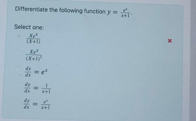 Solved Differentiate the following function y=x+1ex. Select | Chegg.com