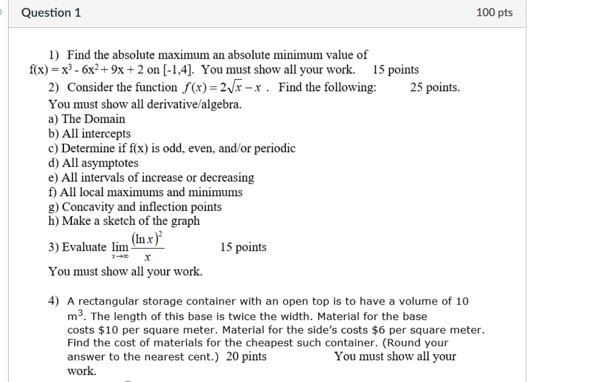 Solved 1 Find The Absolute Maximum An Absolute Minimum 