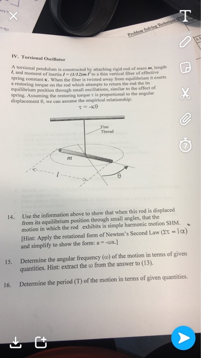 Solved IV. Torsional Oscillator A torsional pendulum is | Chegg.com