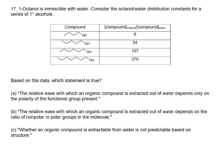 Solved 17. 1-Octanol is immiscible with water. Consider the | Chegg.com