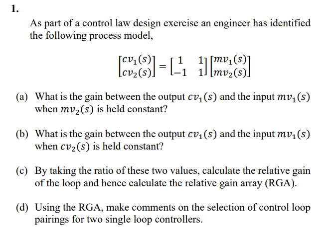 1. As part of a control law design exercise an | Chegg.com