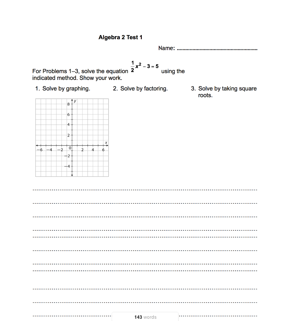 Solved Algebra 2 Test 1 Name: 1 y2 - 3-5 For Problems 1–3, | Chegg.com