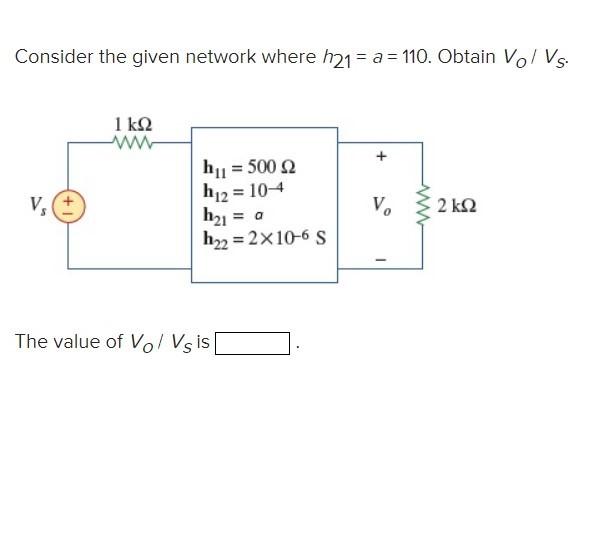 Solved Consider the given network where h21=a=110. Obtain | Chegg.com