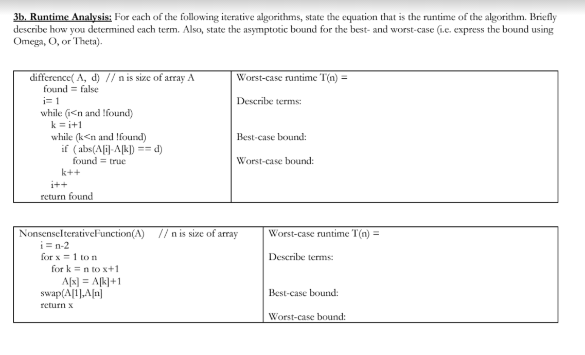 Solved 3b. Runtime Analysis: For each of the following | Chegg.com