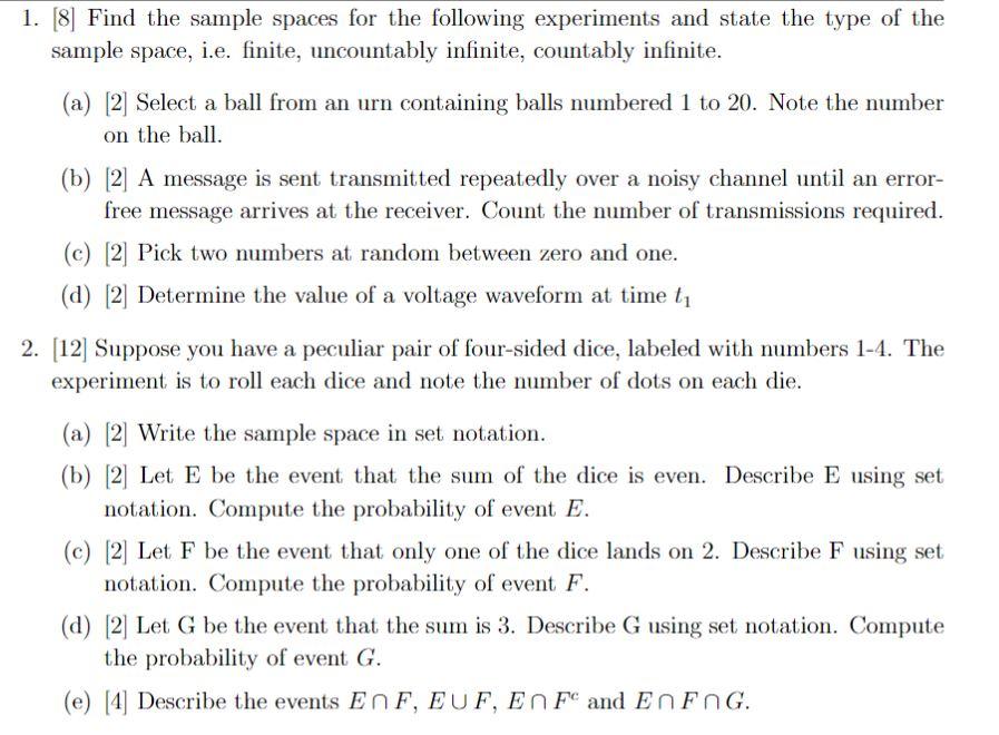 Solved 1. [8] Find the sample spaces for the following | Chegg.com