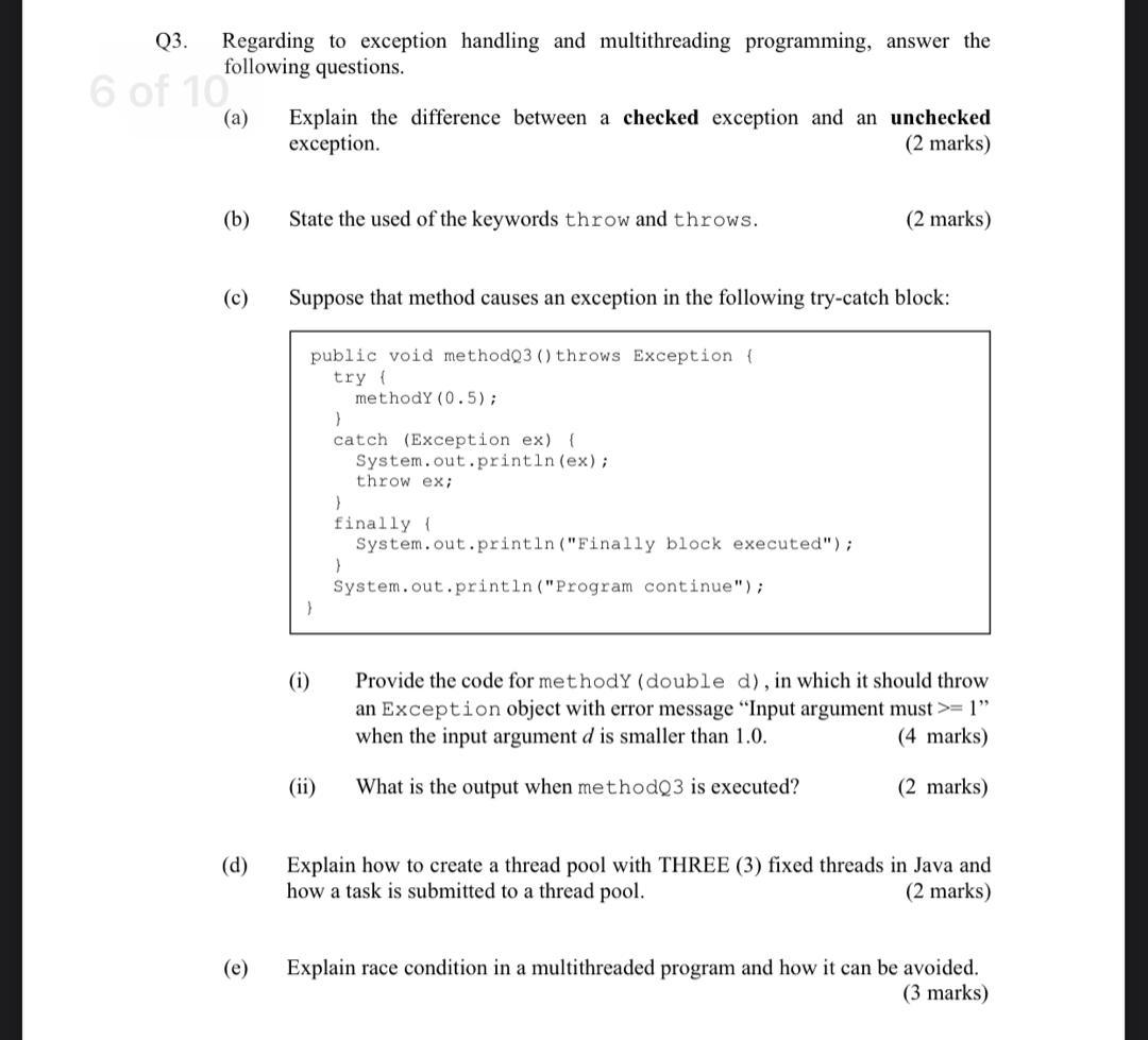 Solved Q3. Regarding to exception handling and | Chegg.com