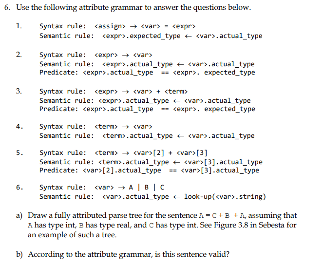 6. Use the following attribute grammar to answer the | Chegg.com