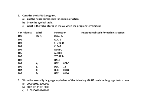 5. Consider the MARIE program. a) List the | Chegg.com