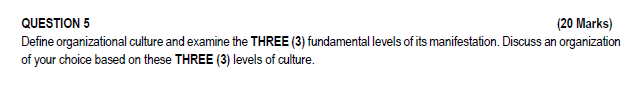 Solved QUESTION 5 (20 Marks) Define organizational culture | Chegg.com