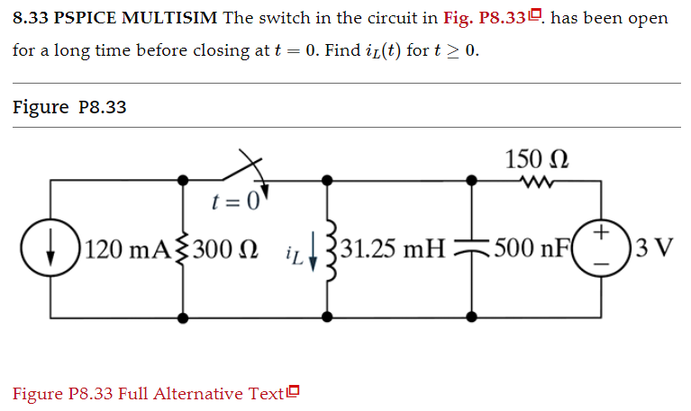Solved 8.33 PSPICE MULTISIM The switch in the circuit in | Chegg.com