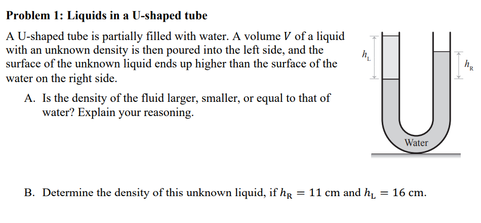 Solved h, Problem 1: Liquids in a U-shaped tube A U-shaped | Chegg.com