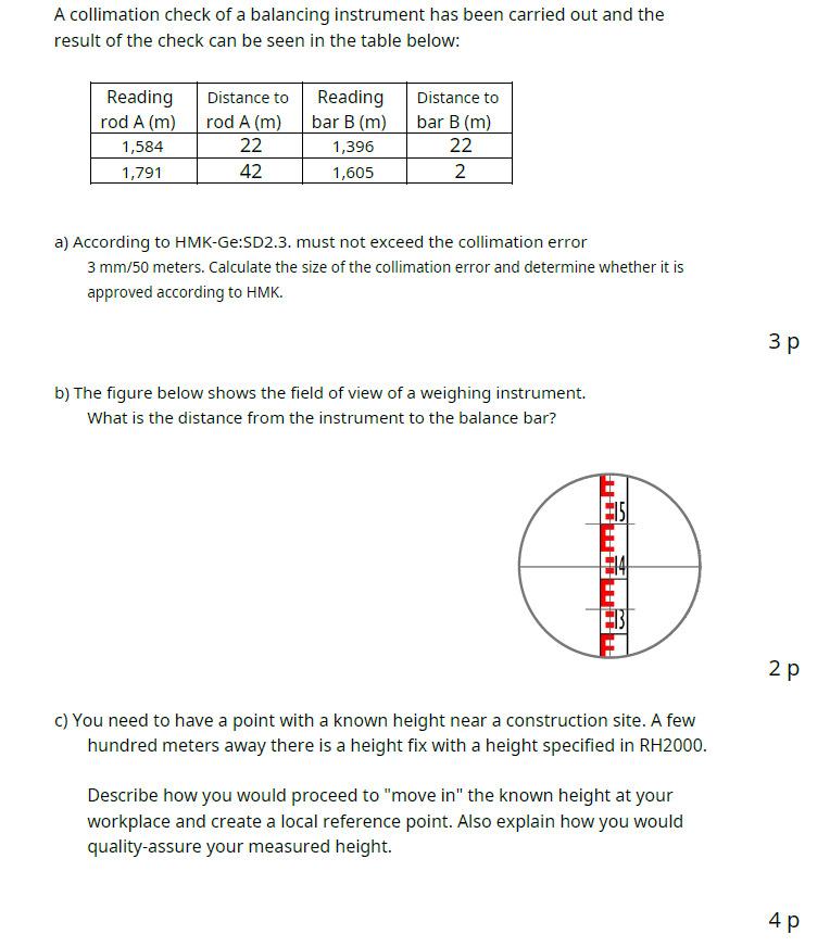 Solved A collimation check of a balancing instrument has | Chegg.com