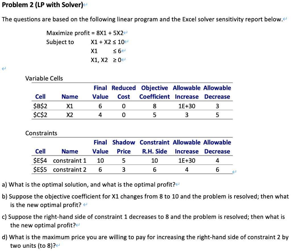 Solved Problem 2 (LP with Solver)- The questions are based | Chegg.com