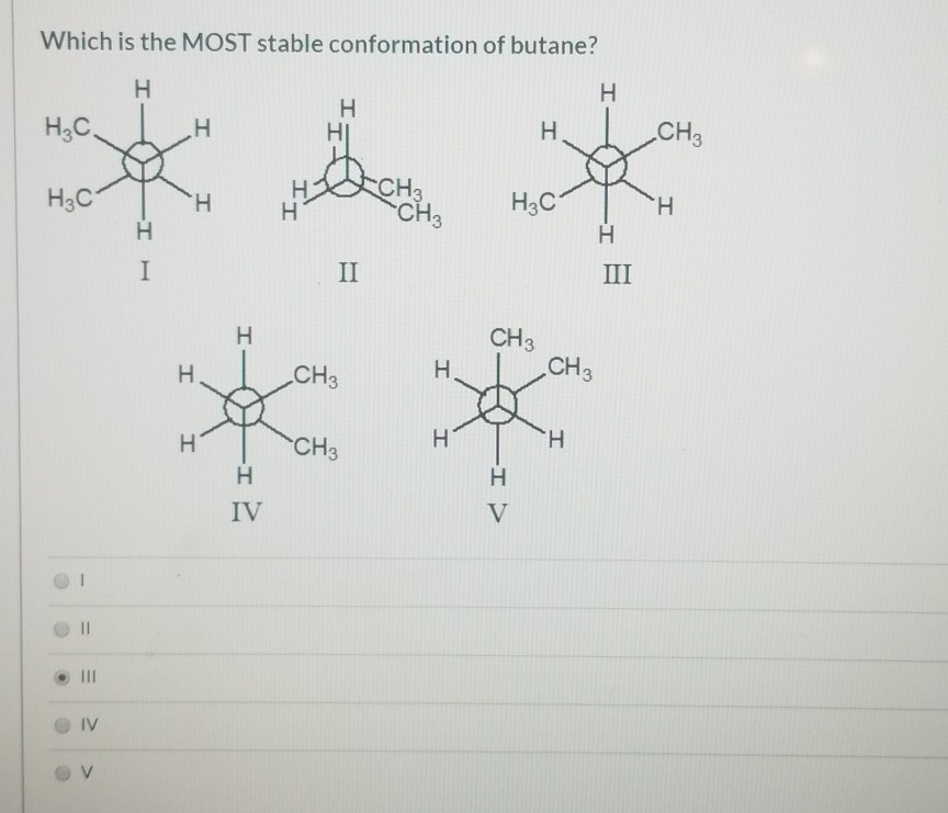 Solved Which is the MOST stable conformation of butane? HC | Chegg.com