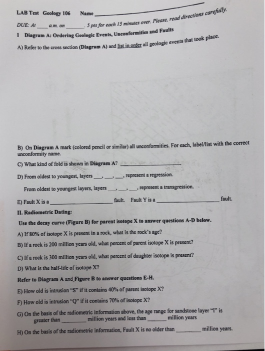 Solved LAB Test Geology 106 Name DUE: At am. on 1 Diagram A: | Chegg.com