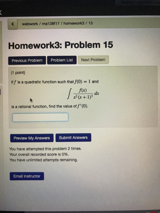 Solved If f is a quadratic function such that f(0)=1 what is | Chegg.com