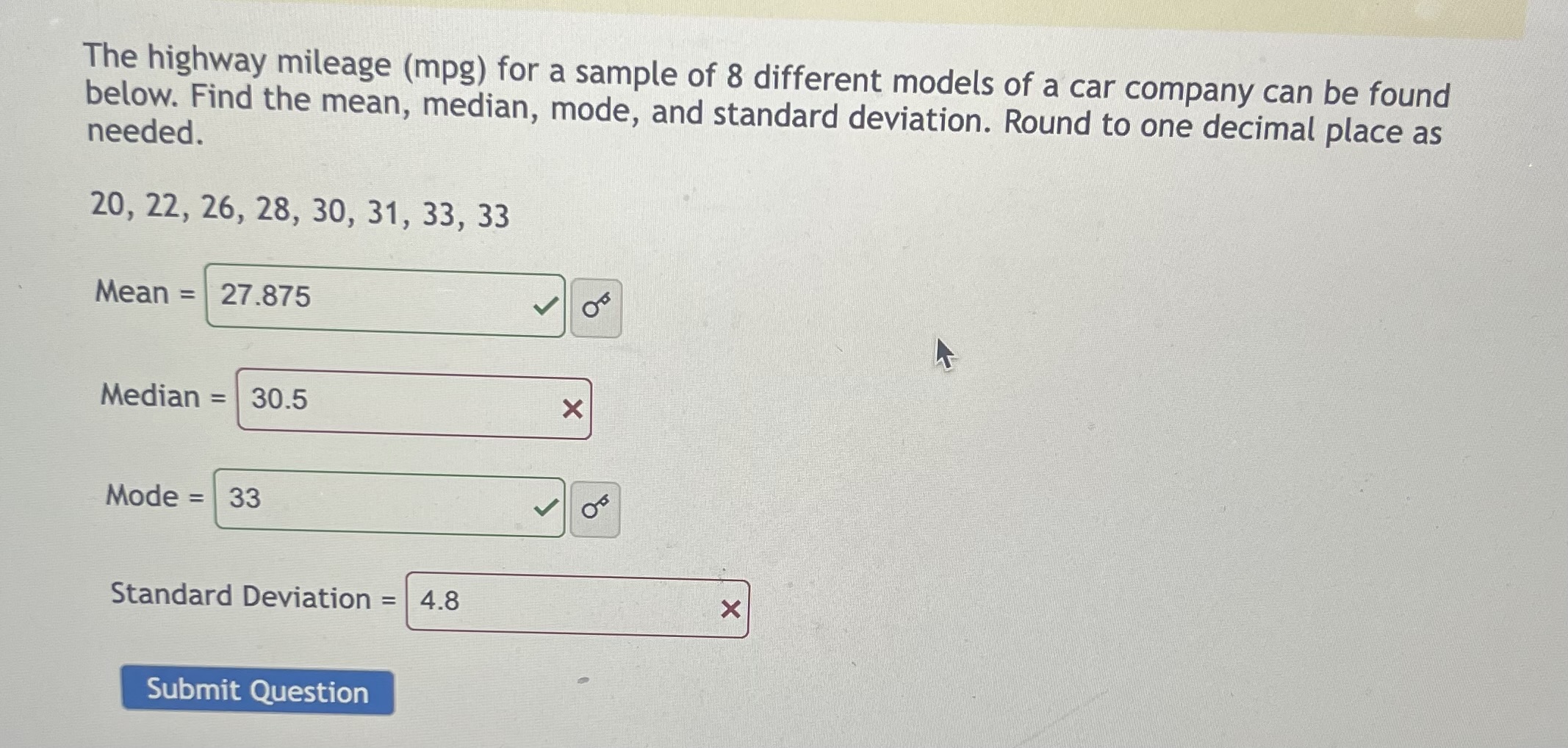 Solved The highway mileage (mpg) for a sample of 8 different | Chegg.com