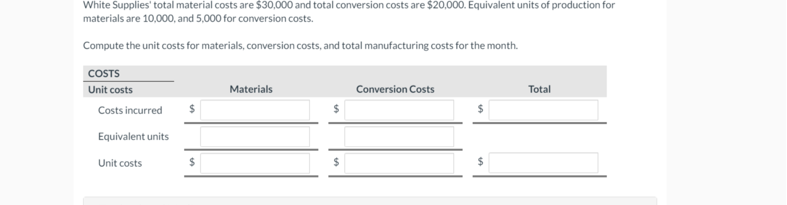 Solved White Supplies' total material costs are $30,000 and | Chegg.com